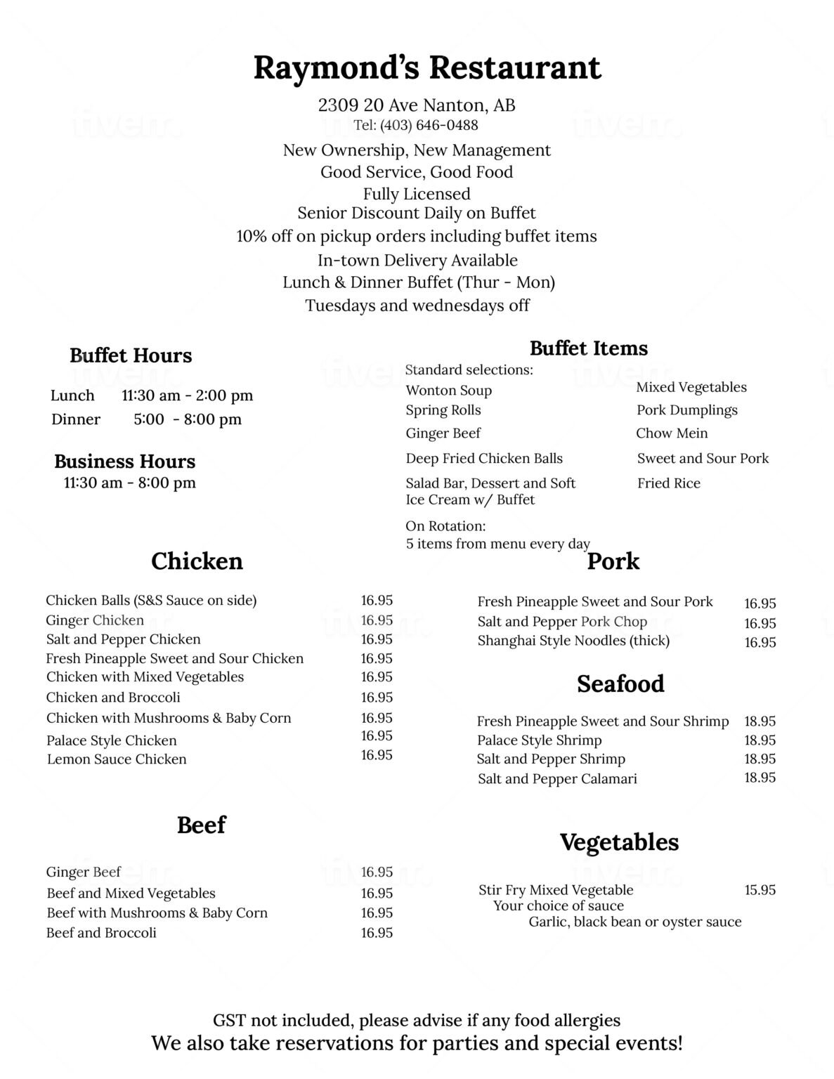Menu - Raymonds Rastaurant Nanton